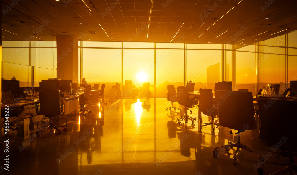 corporate office setting, Warm sunlight, shadowy figures of working ...