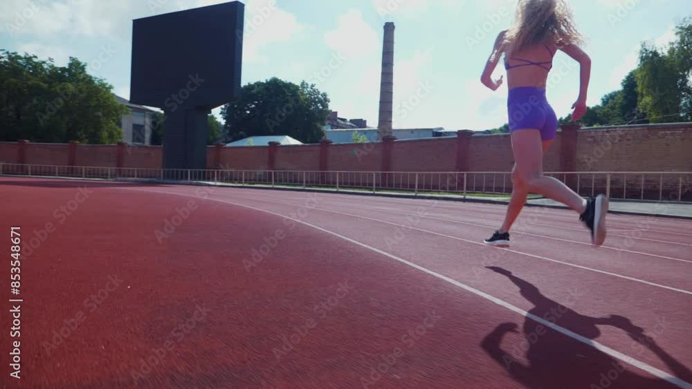 Young woman sprinting on track at the stadium. Female athlete running ...