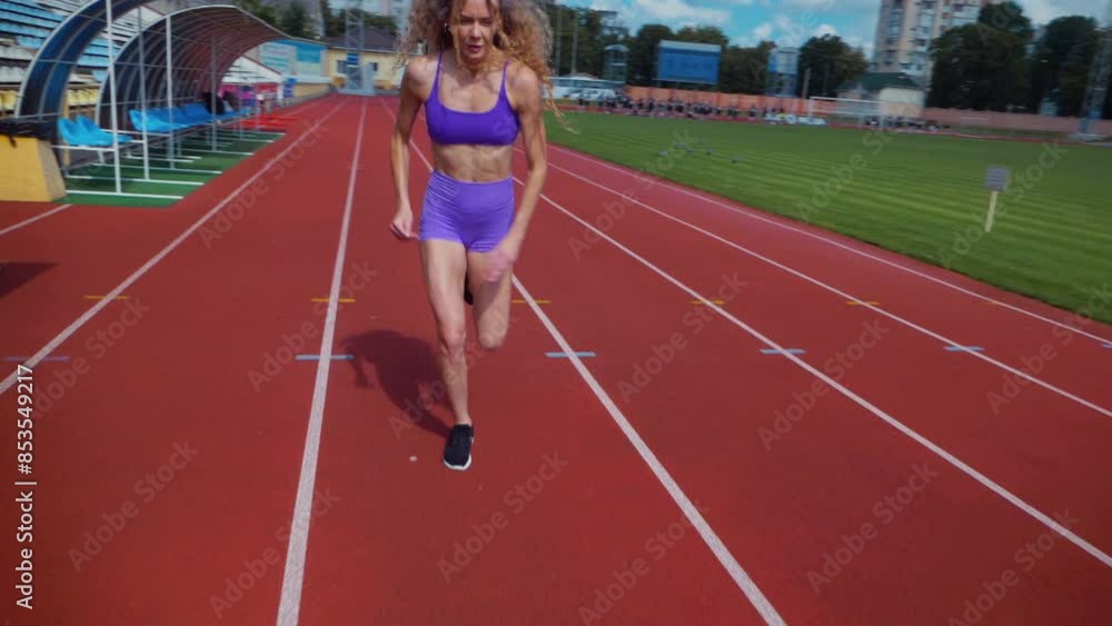 Young woman sprinting on track at the stadium. Female athlete running ...