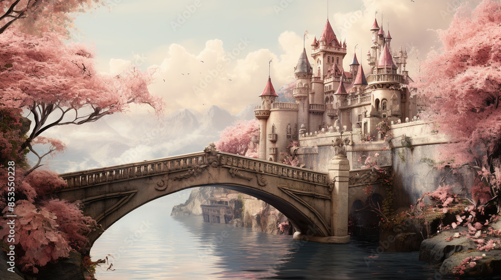 Contemporary Scene Of Castle Bridge Over A Sparkling River Vintage ...