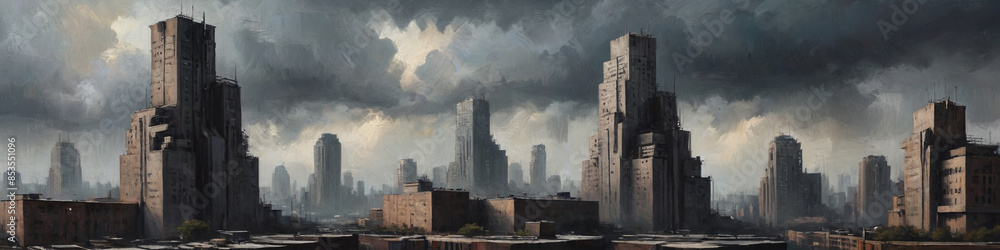 A bold oil painting with dense, layered paint depicting a dystopian ...