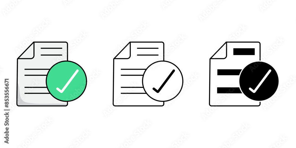 Document check icons set. Checkmark business approval process isolated ...