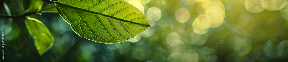 Green leaf with blurred greenery background in a garden, natural plants ...