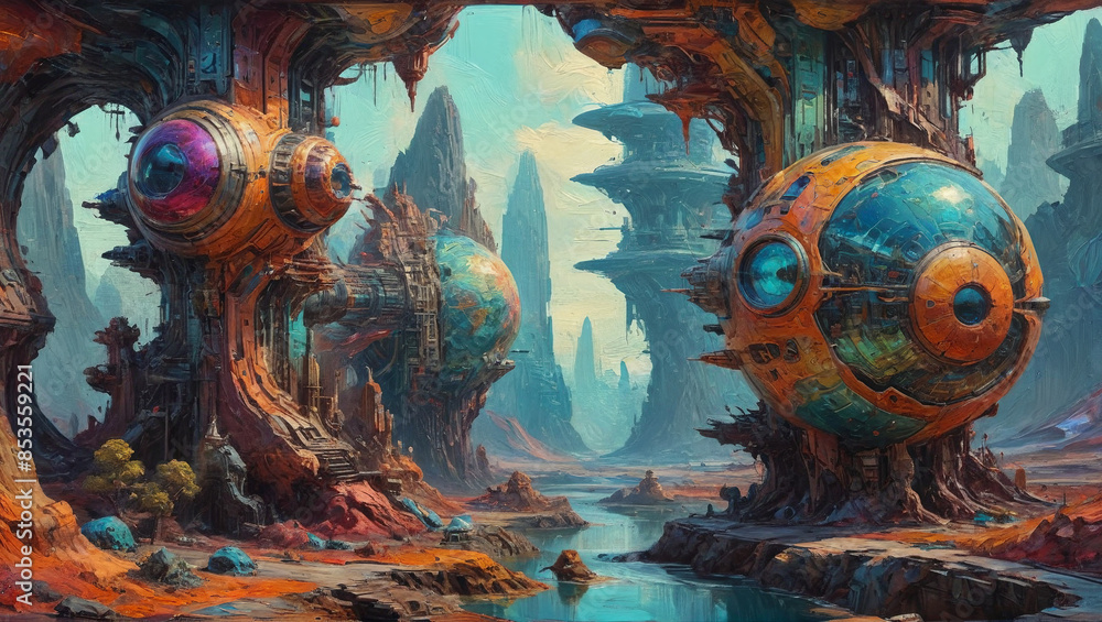Surrealist visions of sci-fi constructions unfold in textured oil ...