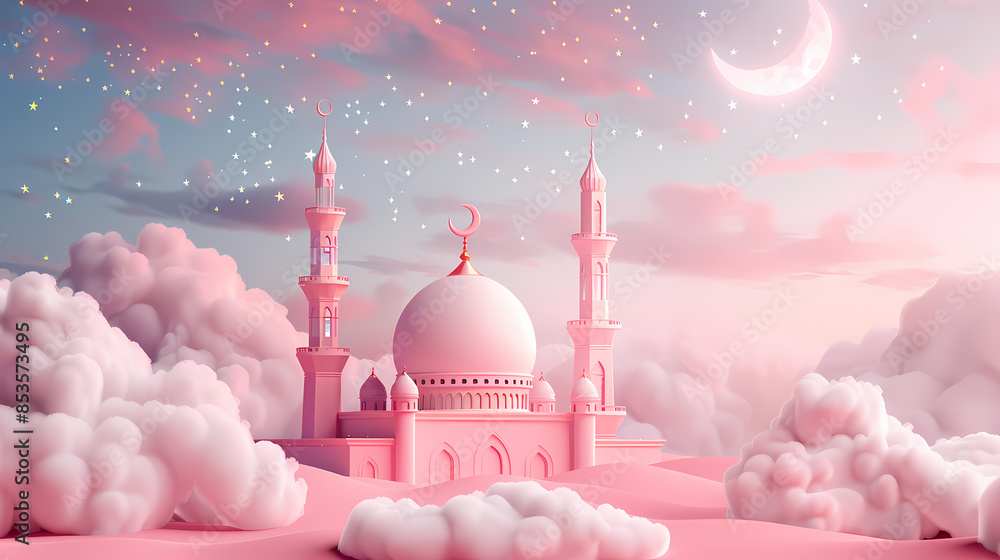 Dreamy pink mosque with minarets under a starlit sky with crescent moon ...