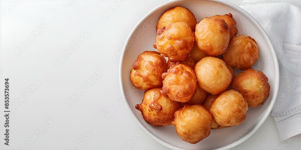 Directly above view of Nigerian puff puff dish against white background ...
