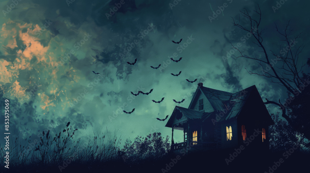 Abandoned horror haunted house and bats in a field. Illustration of a ...