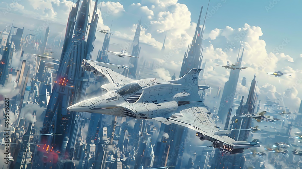 hollywood style A high-tech fighter jet maneuvering through a ...