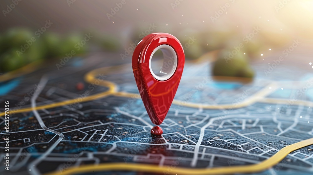 Red GPS marker indicating location on a map with navigation and search ...