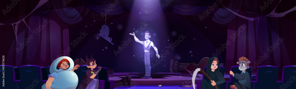 Children hiding from ghost in abandoned theater. Vector cartoon ...