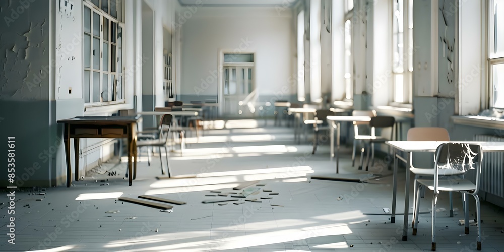 Abandoned school cafe with spider webs scattered rubbish and broken ...