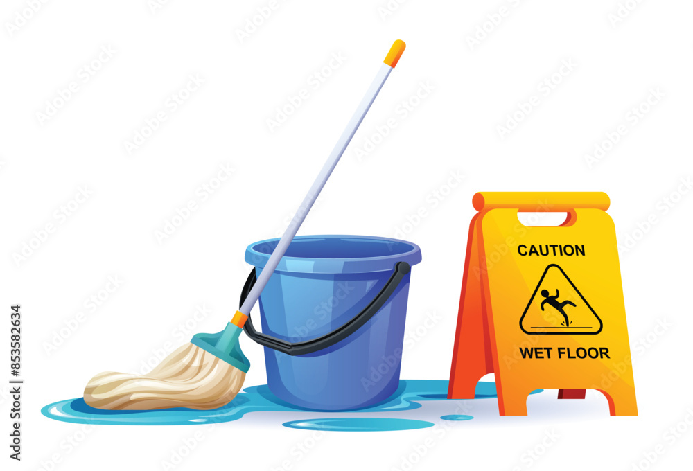Illustration of a mop, bucket, and caution wet floor sign. Cleaning ...