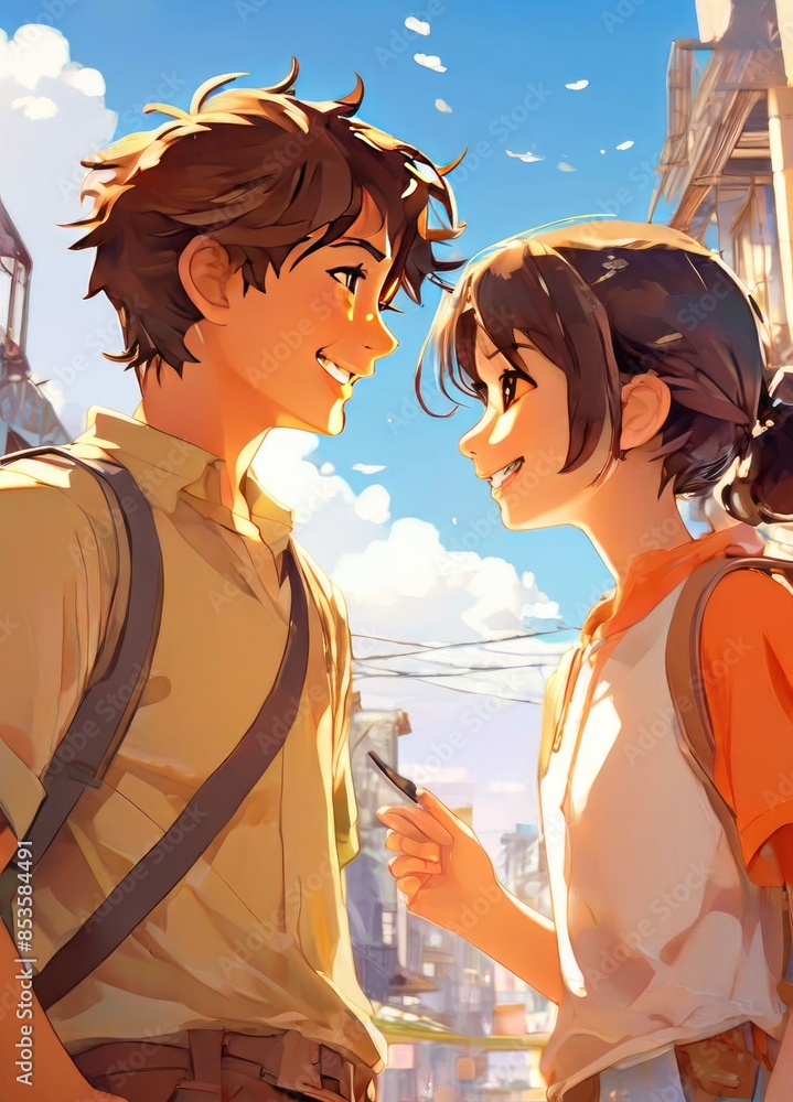 an Indian boy and girl discussing with each other while smiling kindly ...