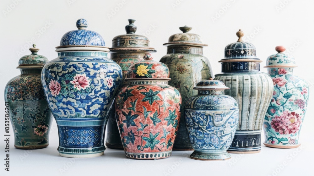 Vintage Chinese wine jars lined up in a row on white background Stock ...