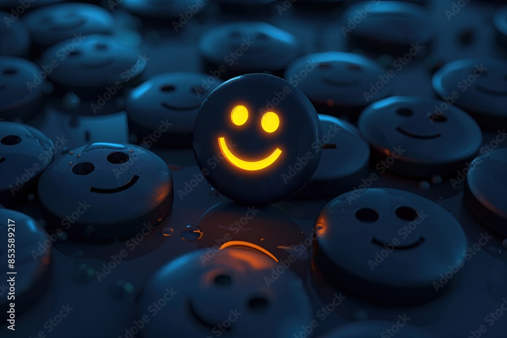 Emoticon. Standing out from the crowd. 3D rendering of a glowing smiley ...