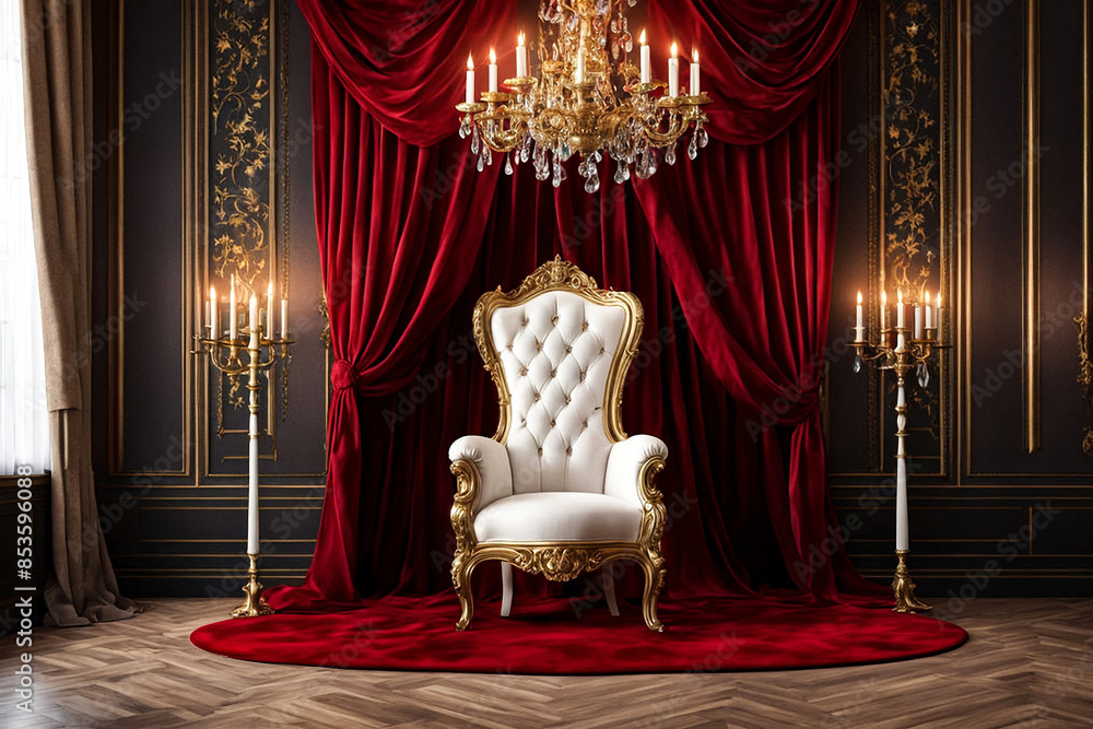Old white and gold Royal chair with red curtains and candelabra in ...