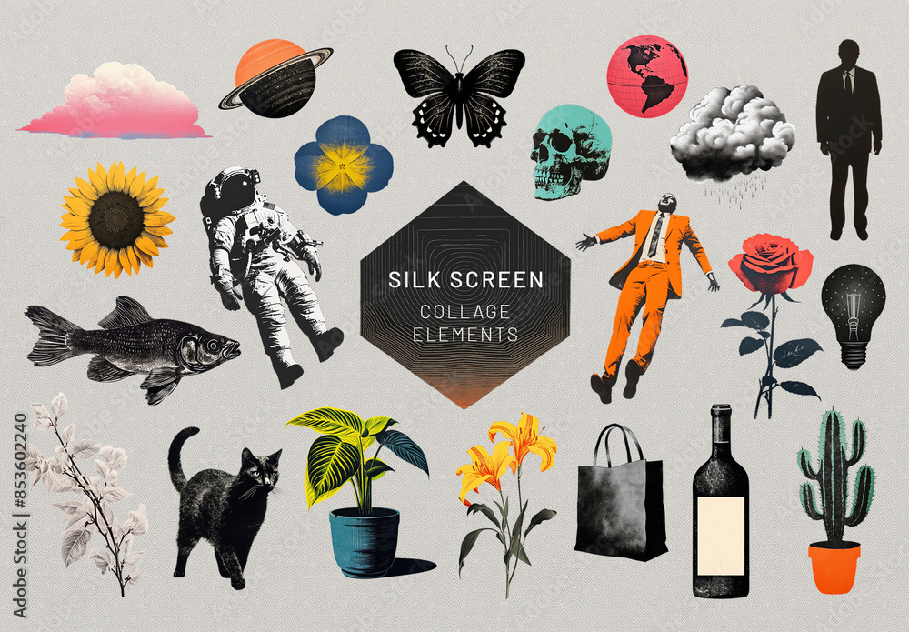 Silk Screen Collage Eelement Design Set With Generative AI Stock ...