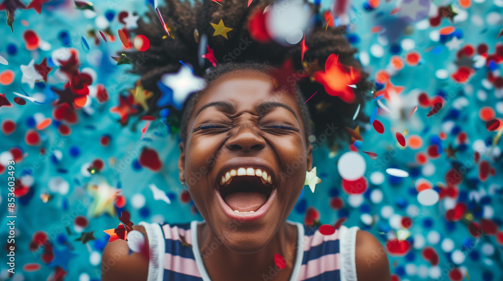 Black teenager celebrating in confetti on july 4th Independence Day ...