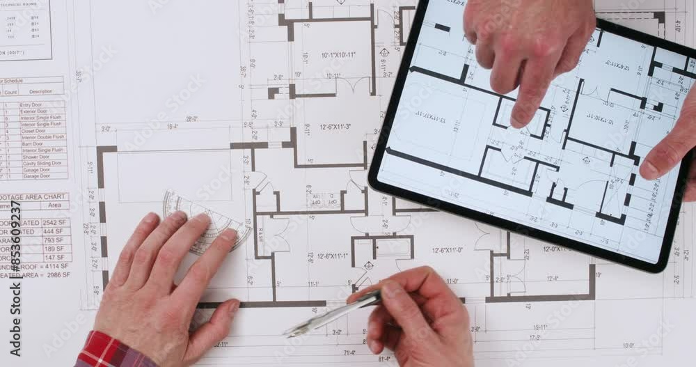 Designers control floor plan with tablet and manual tools upper view ...