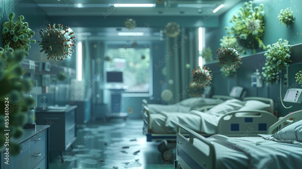 An artistic 3D illustration of a hospital room with virus particles in ...