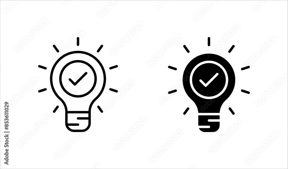 black bulb with checkmark like quick tip icon set. flat stroke linear ...