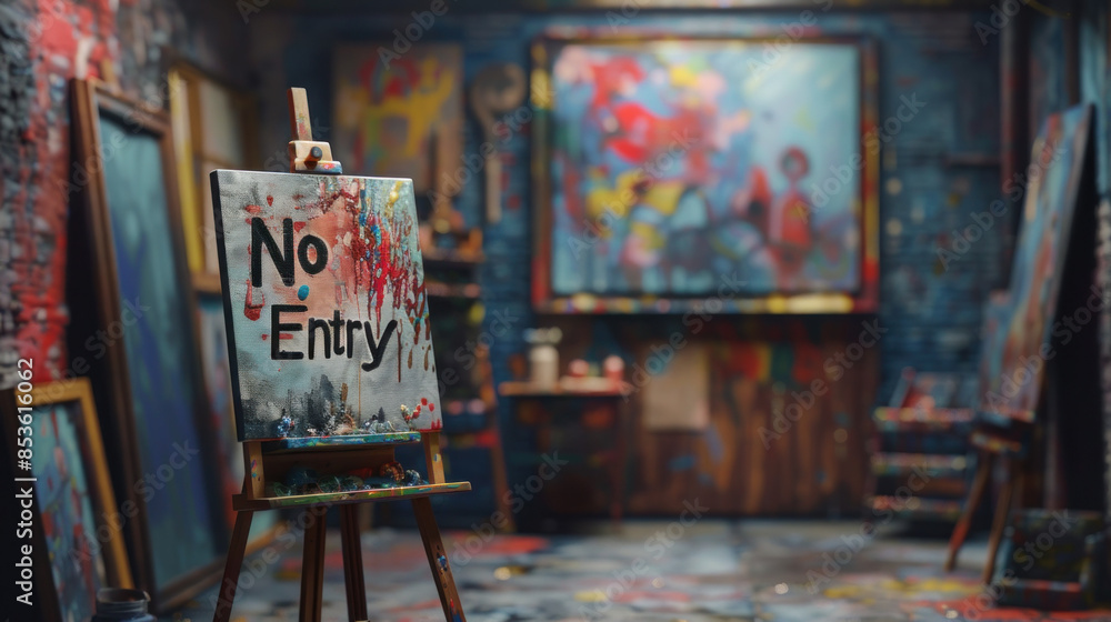 Painting on easel with a "No Entry" sign, symbolizing censorship, no ...