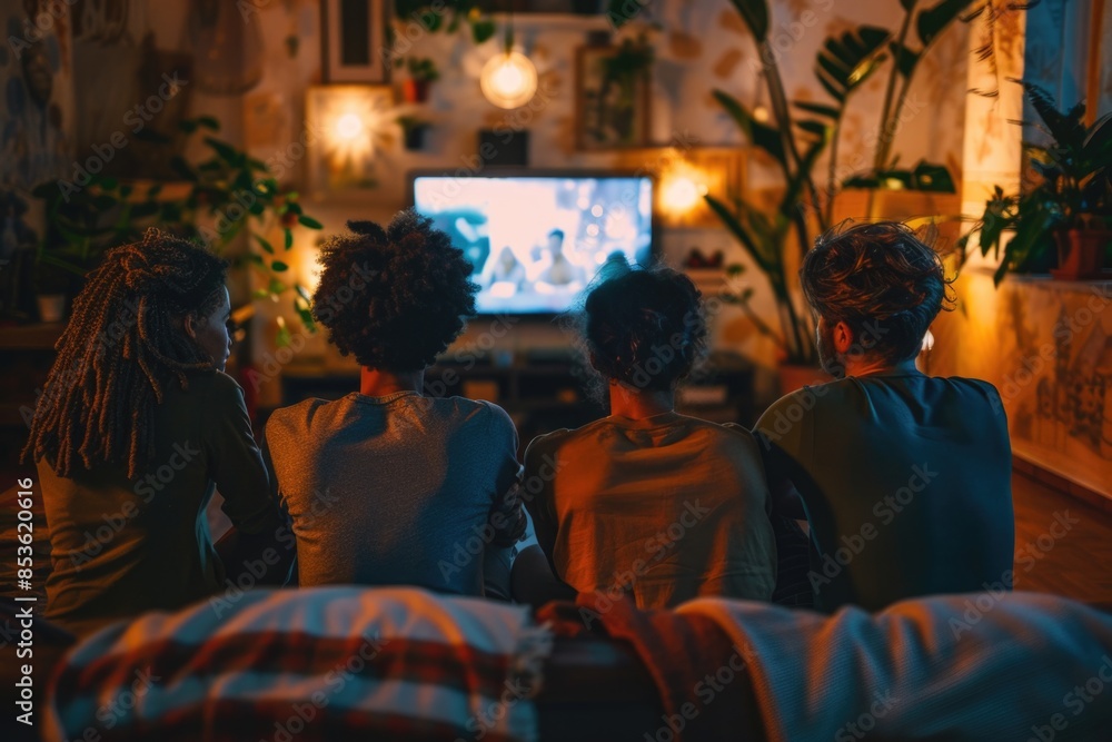 A group of people sitting together watching TV, great for use in ads or ...
