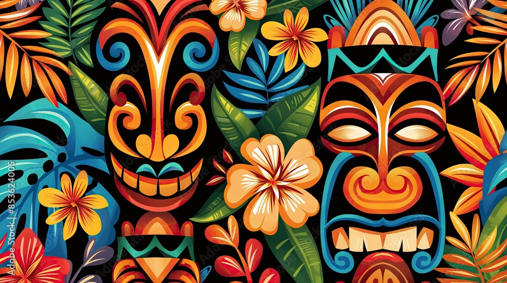 Tropical tiki mask Polynesian tribal pattern with vibrant floral ...