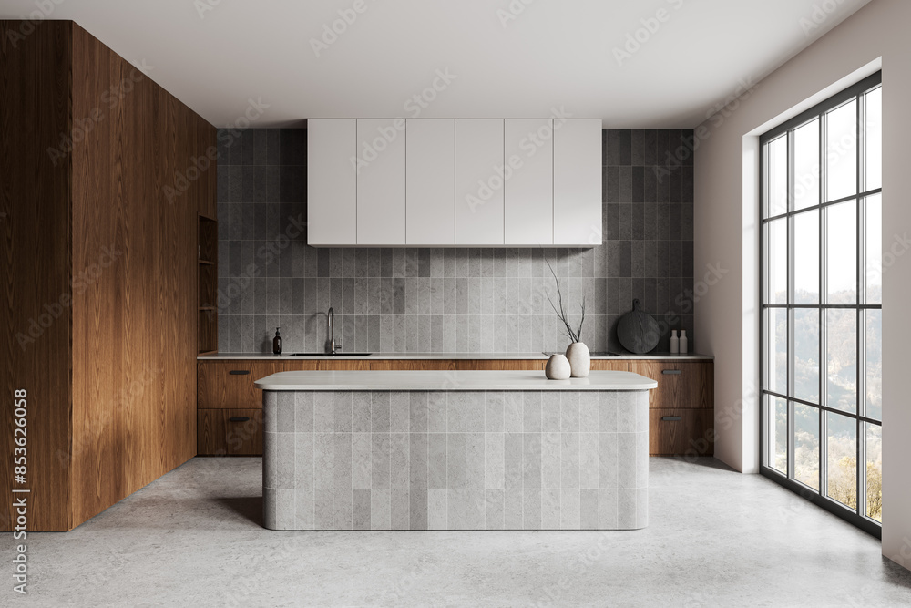 Cozy house kitchen interior with bar counter and cabinet, panoramic ...