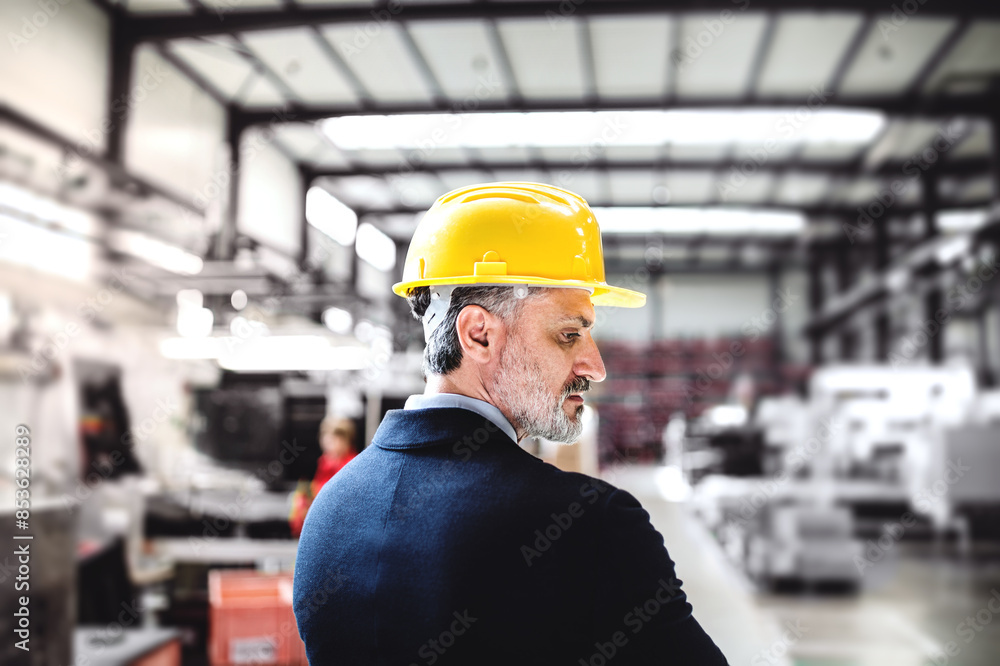Portrait of project manager standing in modern industrial factory ...