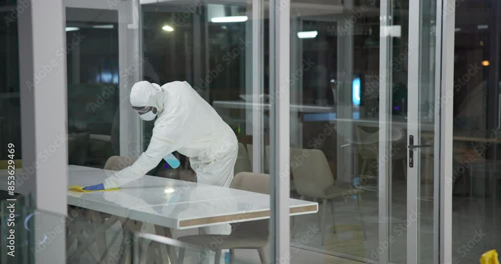 Cleaning, disinfection and person with hazmat suit in laboratory for ...