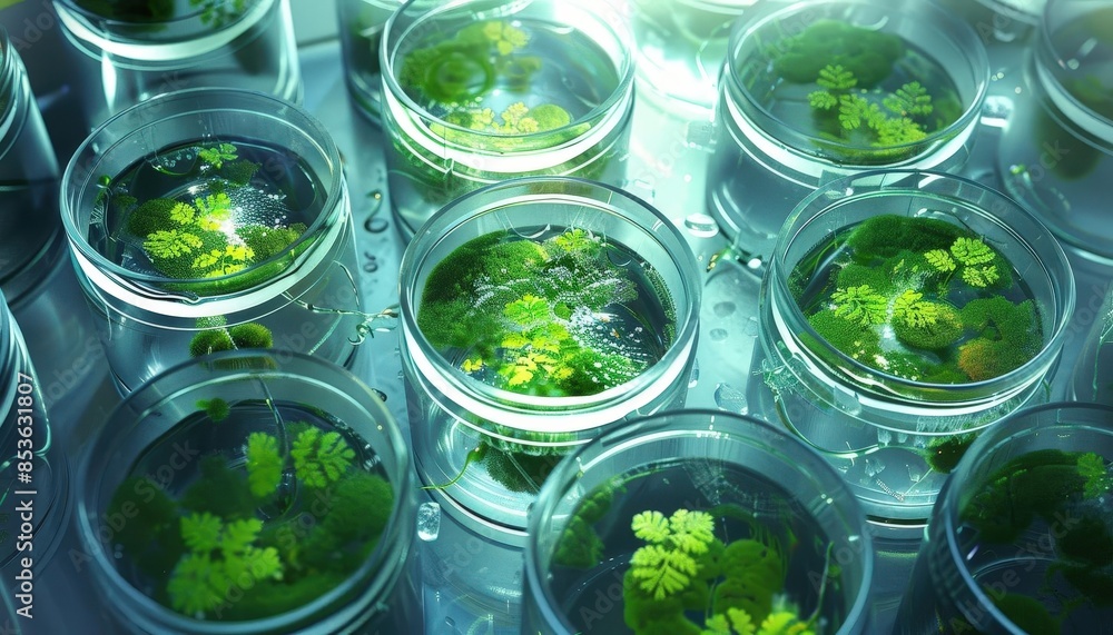 Lab scene with petri dishes containing modified plant cells, scientific ...