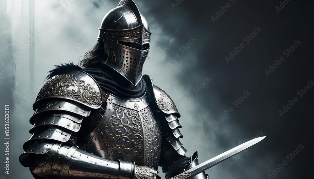 Majestic portrait of a noble medieval knight clad in ornate steel plate ...