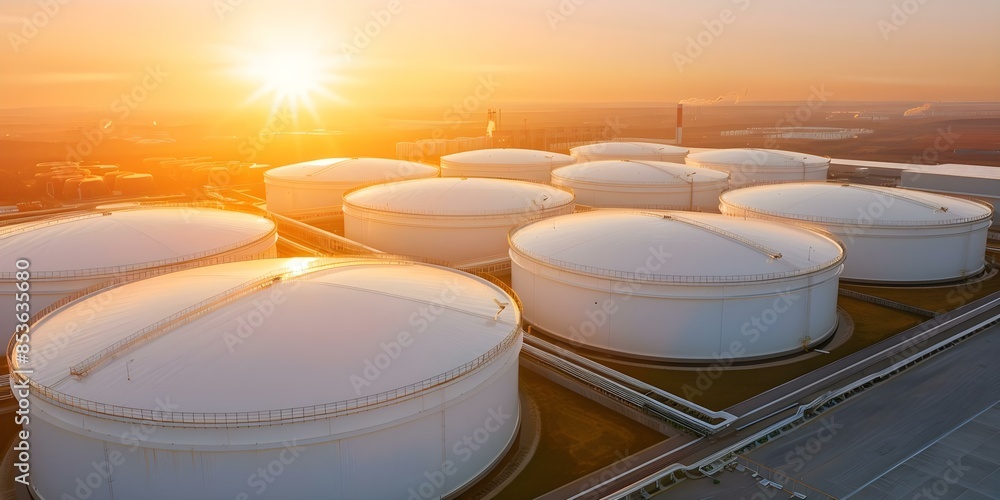 Sunset aerial view of oil storage tanks in an industrial setting ...