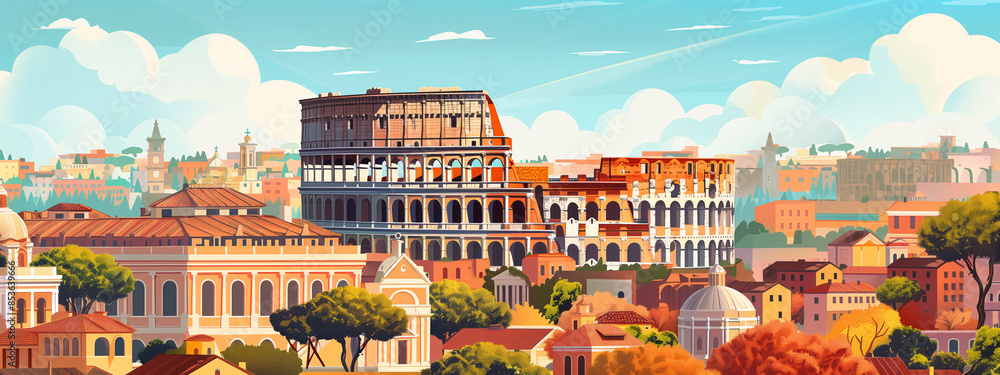 ภาพประกอบสต็อก Colorful, stylized vector illustration of rome's skyline ...