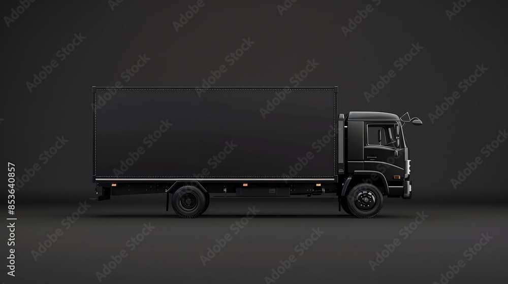 Black truck on a black background. The truck is a box truck with a ...