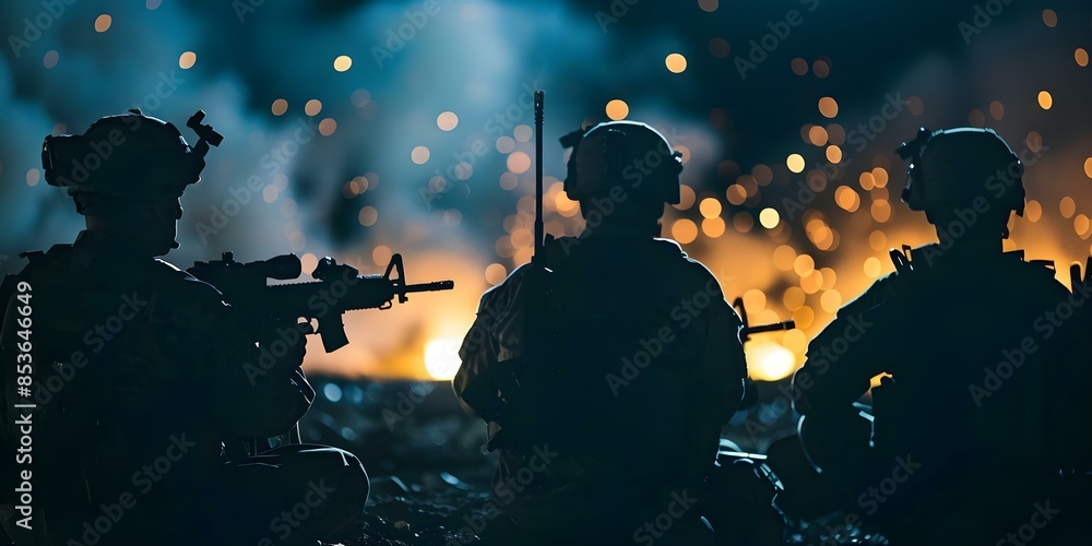 Military weapons training at night with group of soldiers. Concept ...