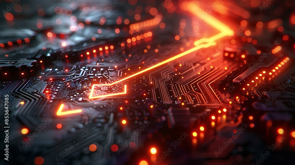 An abstract scene of arrows integrated into a circuit board pattern ...