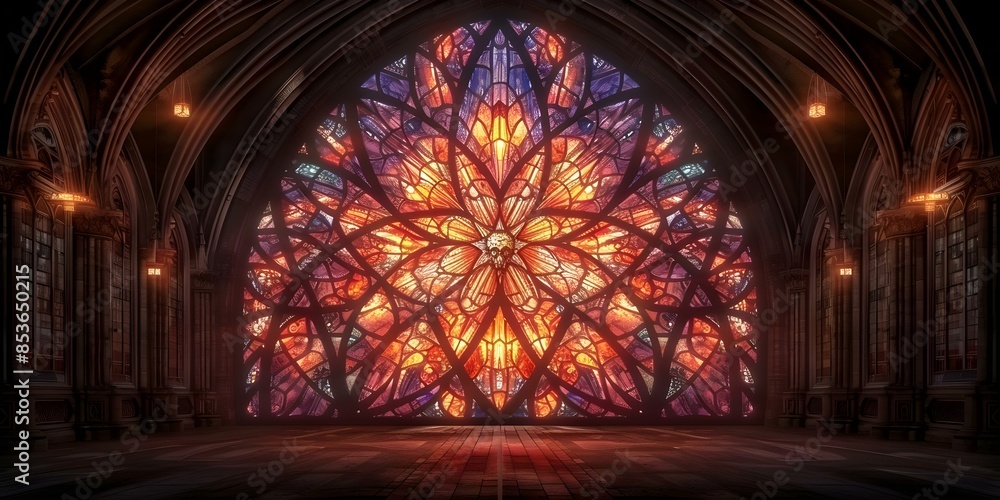 Stained glass window depicting demon Satan in a cathedral made of ...