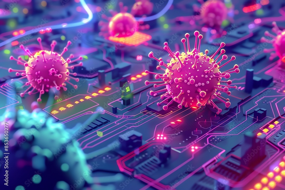 Cartoon malware infecting a corporate network, digital chaos, bright ...