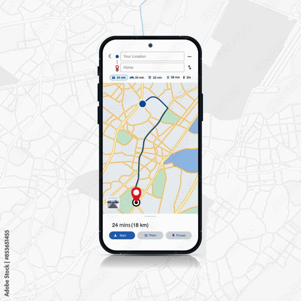 Smartphone Map App with GPS Navigation and Red Marker Pin Point on ...