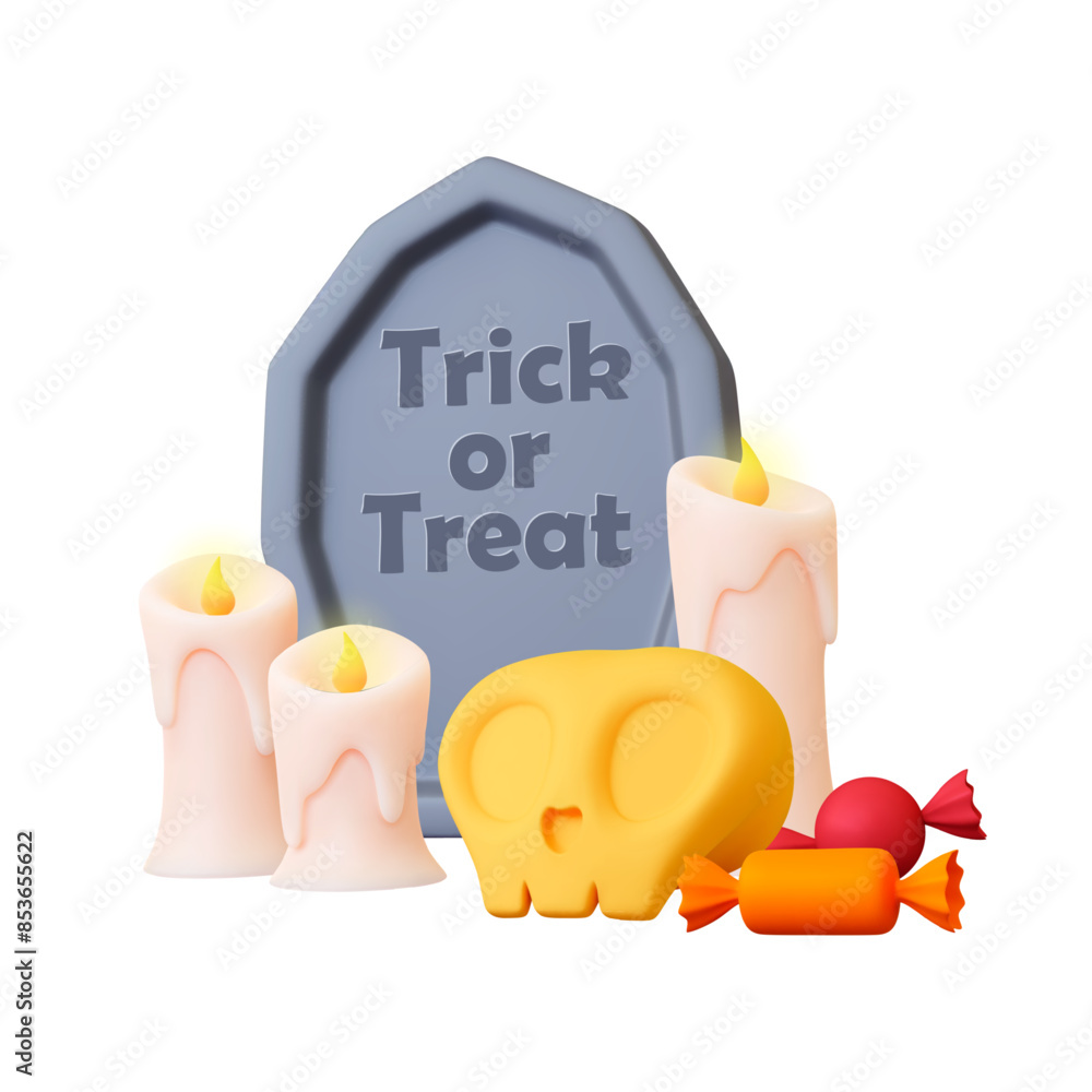 3d tombstone candles and skull. Halloween realistic render composition ...