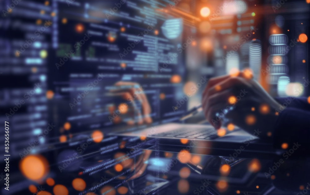 Reflection person typing on a laptop with holographic warning symbols ...