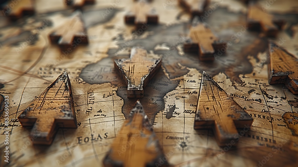 Rustic wooden arrows scattered across a vintage map background. The ...