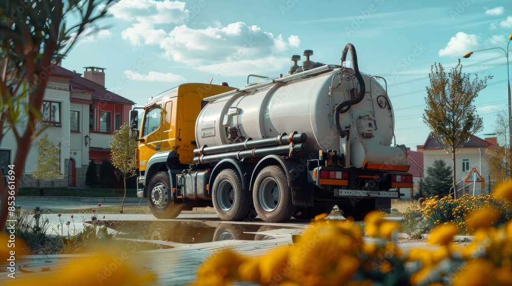 Septic tank truck parked in a suburban area, realistic details, vivid ...
