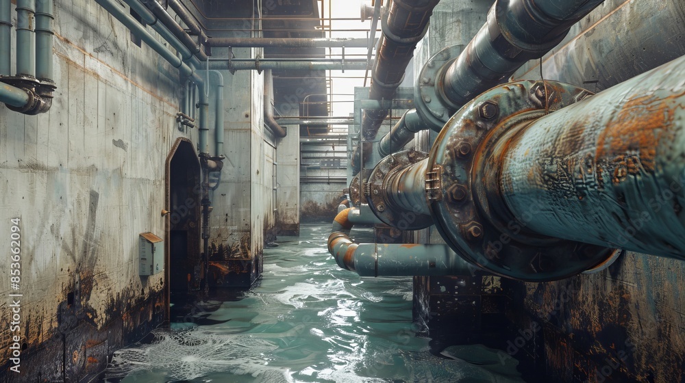 Under-basin view showing detailed sewage pipes, condensate drainage ...