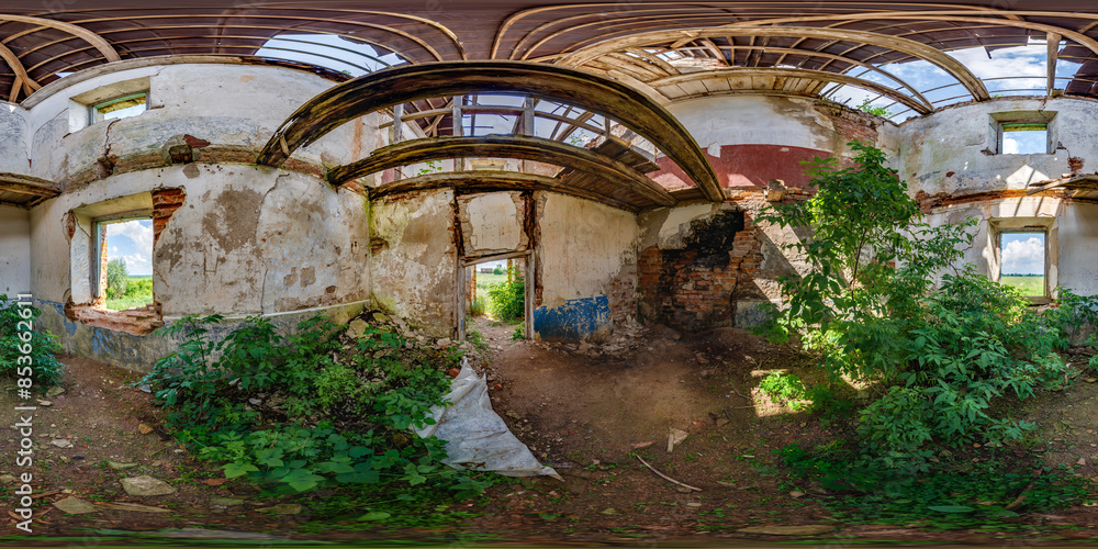 360 hdri panorama inside abandoned ruined bushy concrete decaying old ...