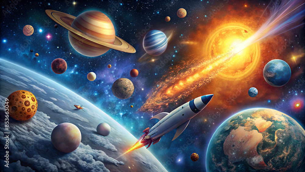 Big space set: comet, meteorite, rocket, planets, the sun, planets, the ...