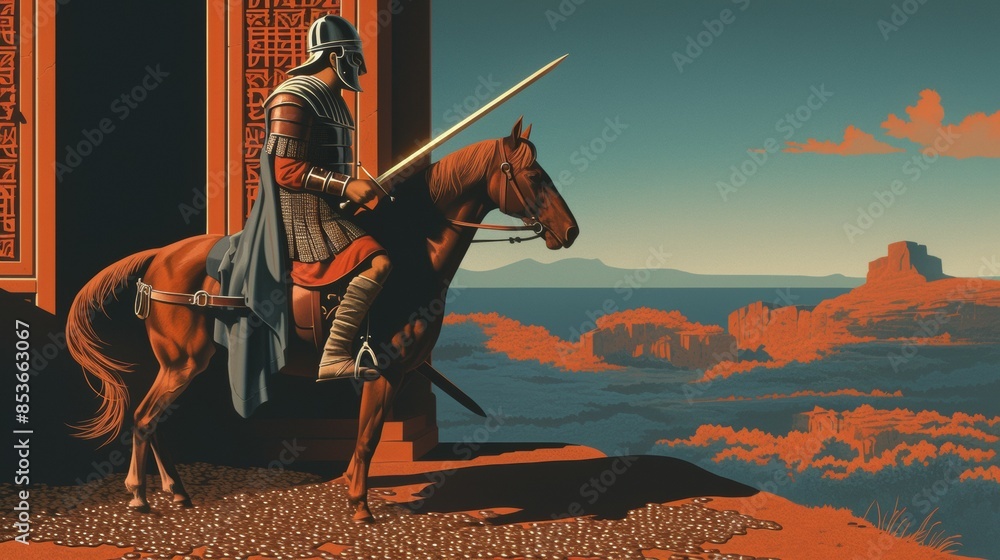 Alaric the Visigoth king grasping a sword and sack of plundered Roman ...