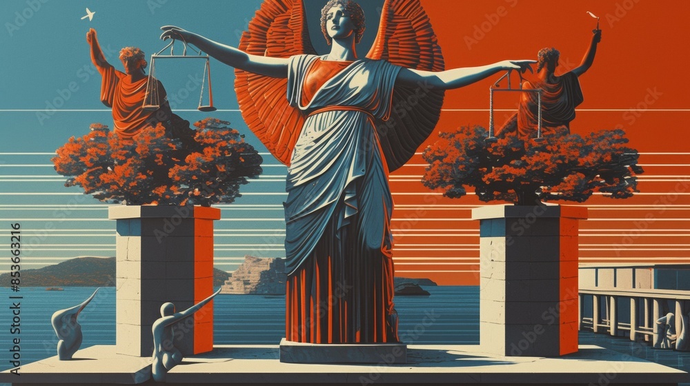 Athena, goddess of wisdom, extending an olive branch while balancing ...